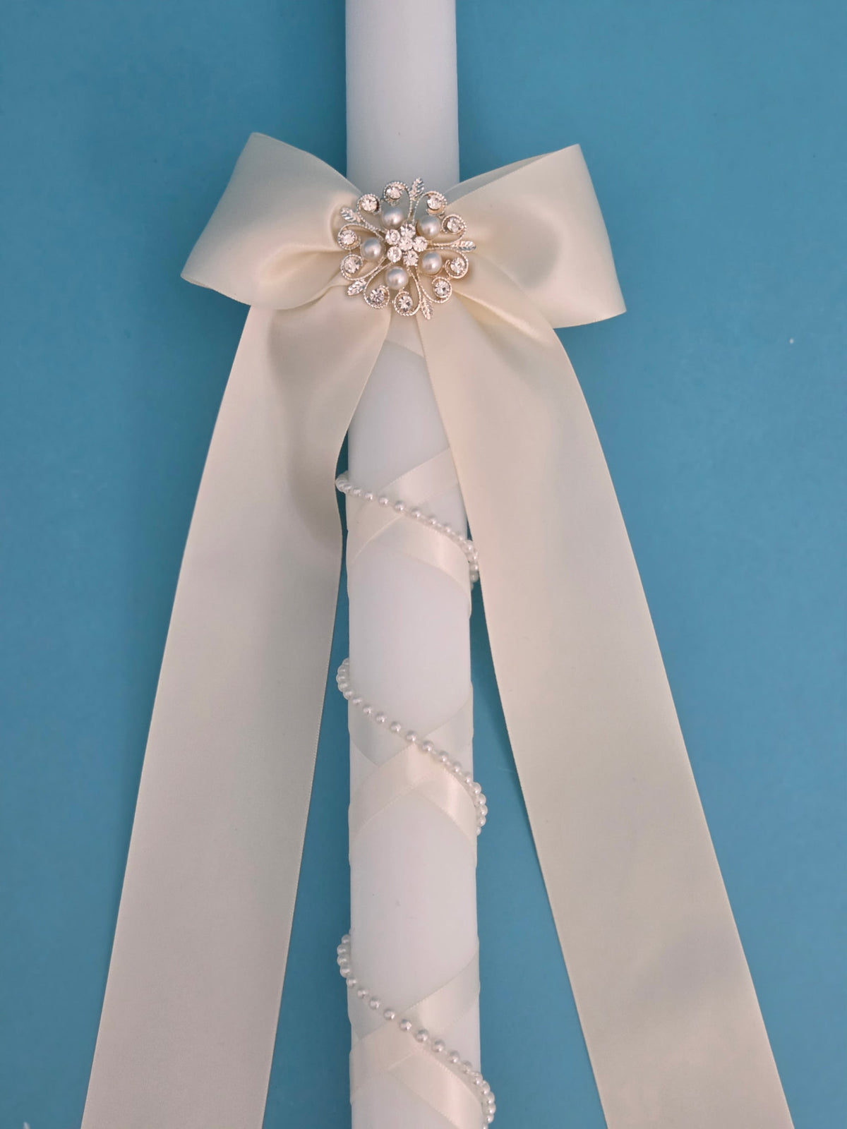 Penelope Rhinestone Centerpiece Ribbon and Pearl Candle - Thick Stem ...